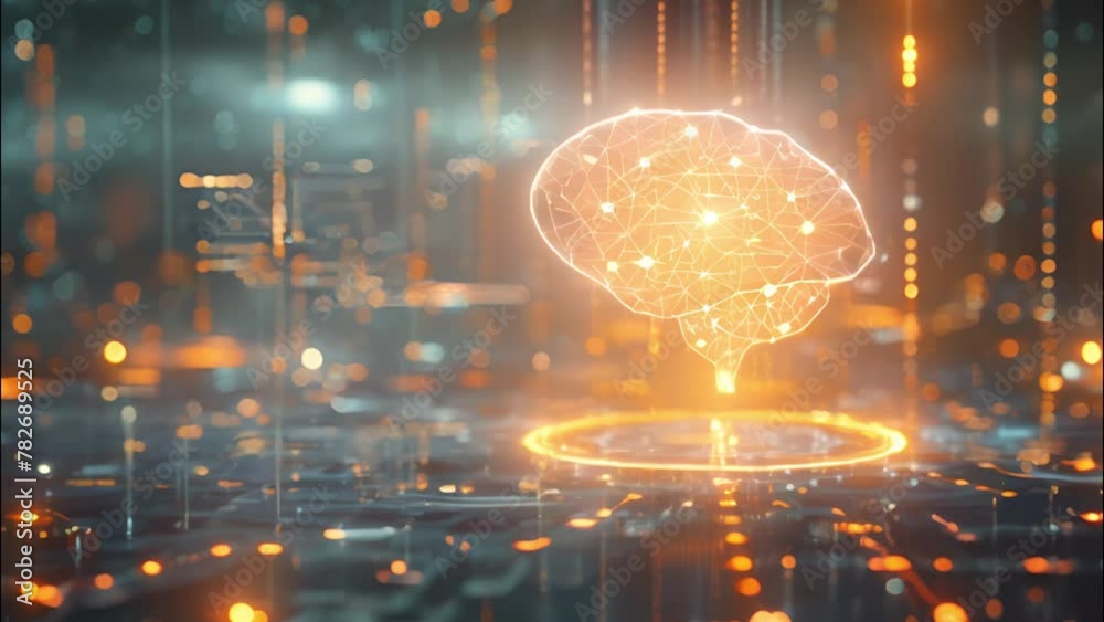 Digital illustration of an advanced neural network with a glowing brain symbol representing ...