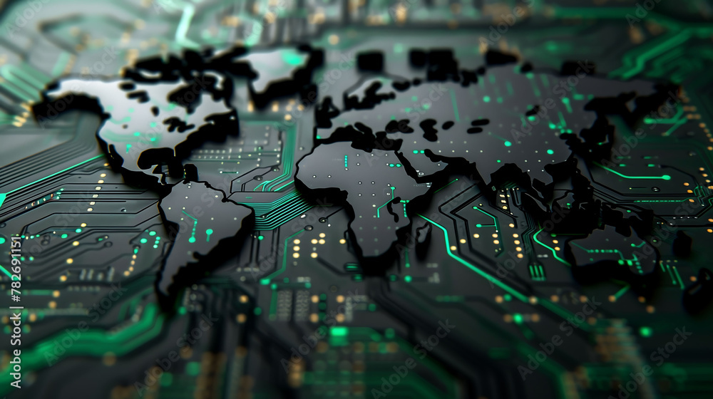 Illuminated circuit board world map, ai chip, global networks and ...