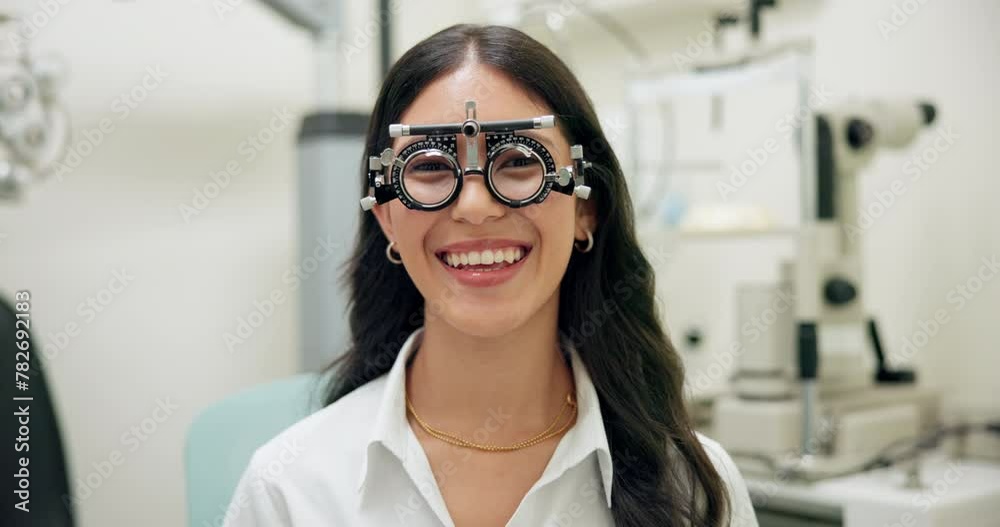Trial, frame and woman at optometrist for vision with eye exam ...