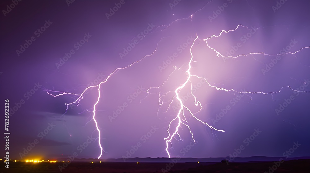 Two large lightning bolts striking the ground at the night sky, with ...
