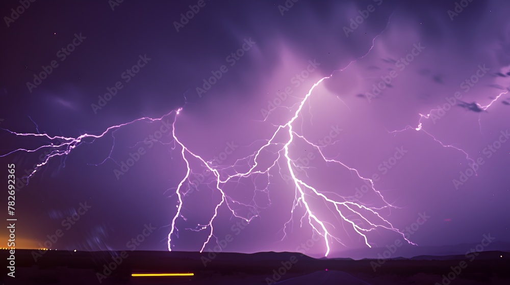 Two large lightning bolts striking the ground at the night sky, with ...