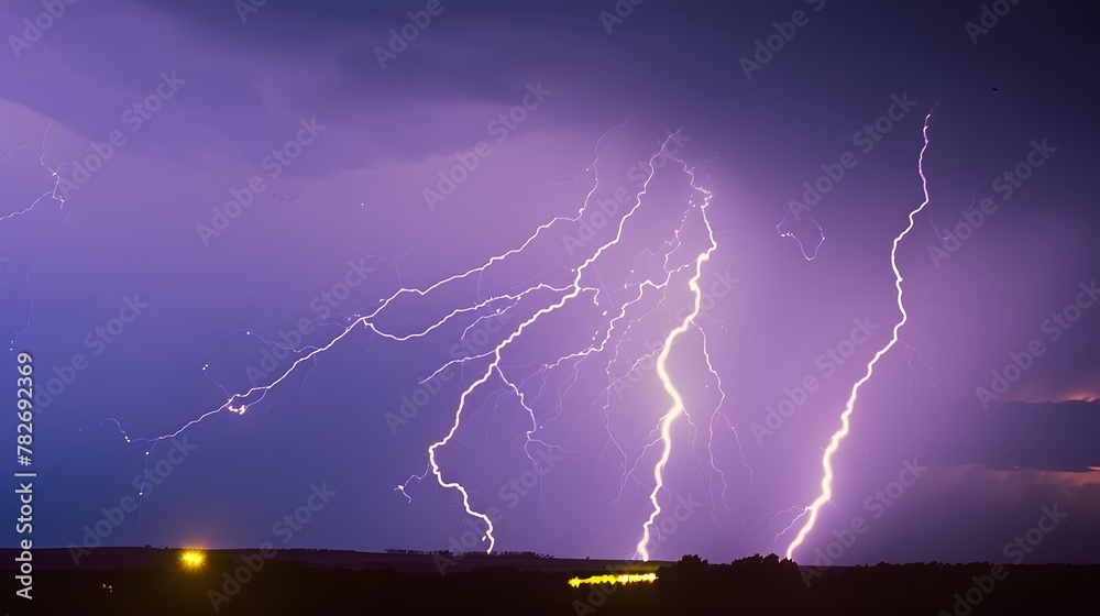 Two large lightning bolts striking the ground at the night sky, with ...