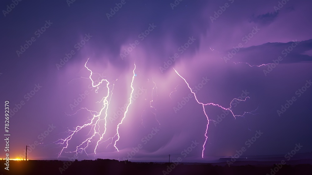 Two large lightning bolts striking the ground at the night sky, with ...