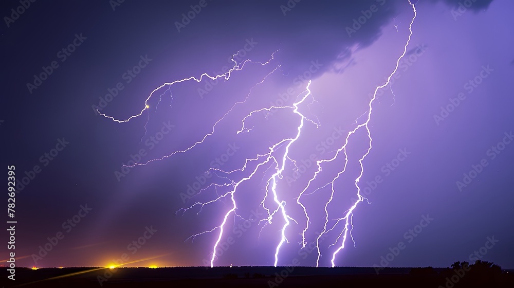 Two large lightning bolts striking the ground at the night sky, with ...