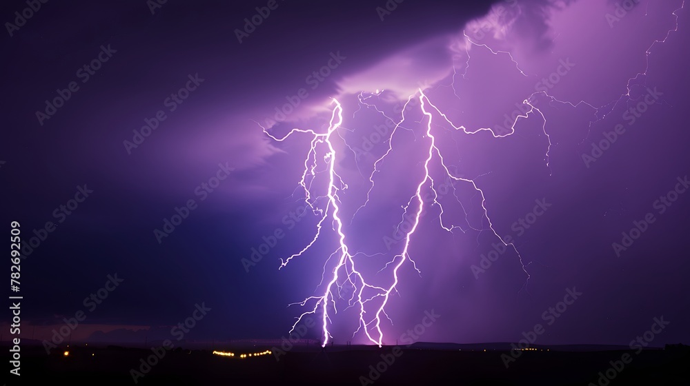 Two large lightning bolts striking the ground at the night sky, with ...