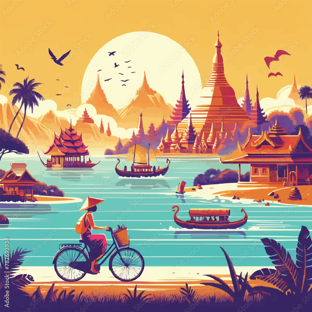 Free vector Asean scenery country background of myanmar with pagoda sea ...