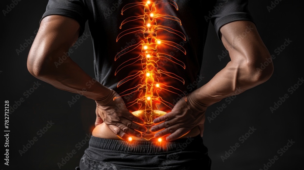 Picture of spinal pain and human back anatomy Man puts his hands behind ...