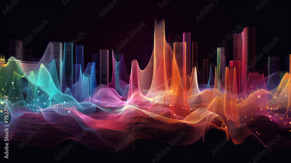 A colorful sound wave diagram, set against a black background, forms ...