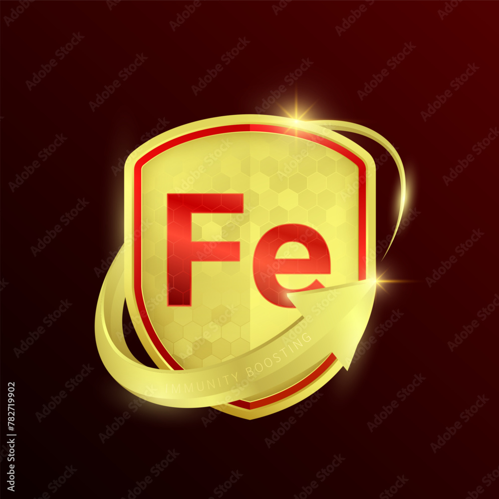 Iron minerals in shine gold shield surrounded by arrows. Vitamins ...