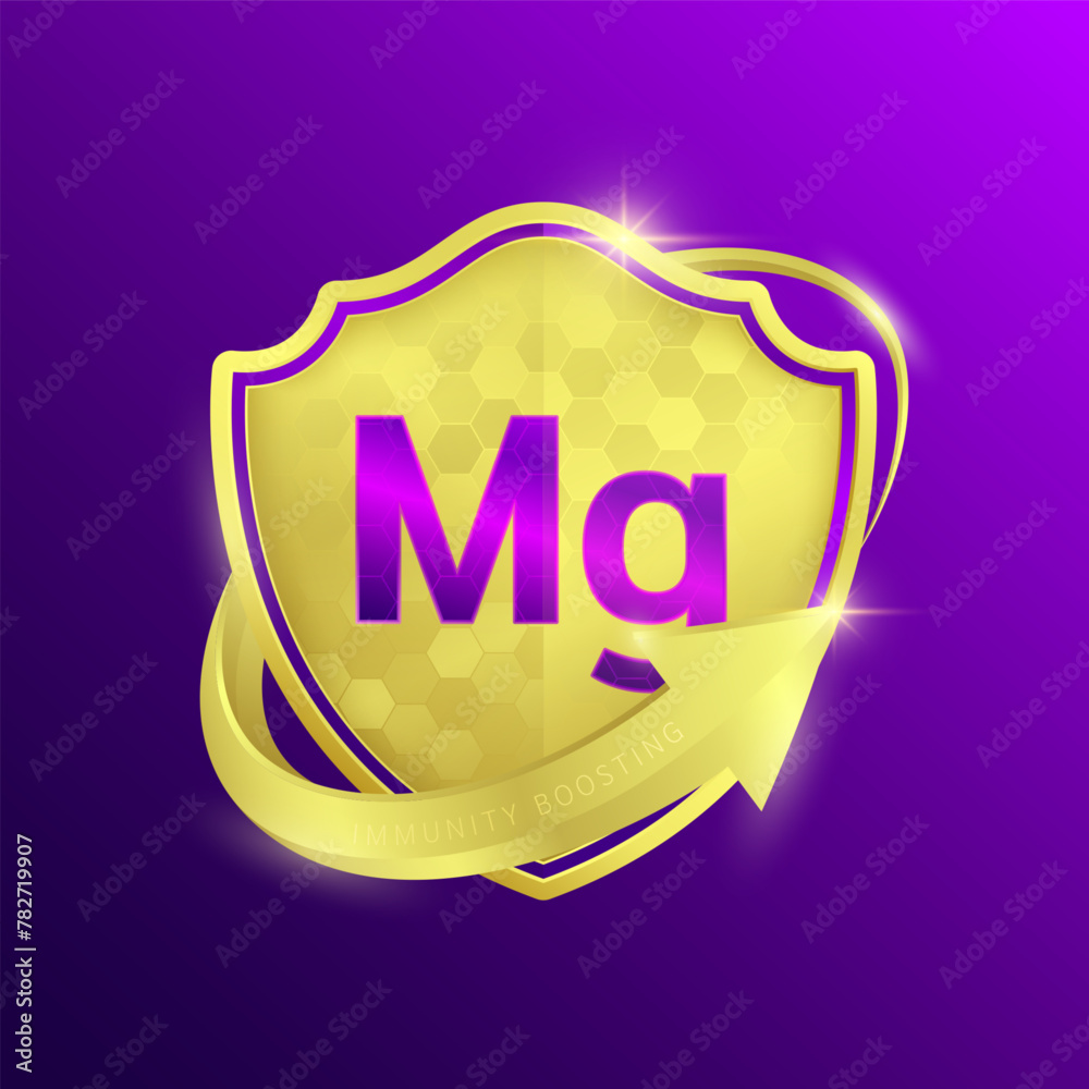 Magnesium minerals in shine gold shield surrounded by arrows. Vitamins ...