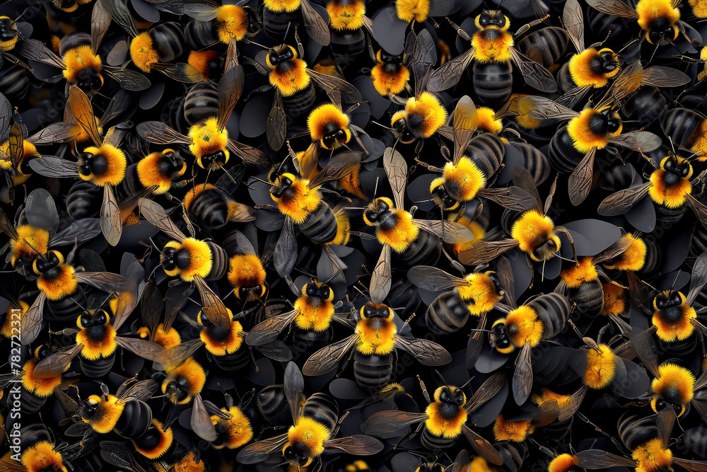 Swarm of black and yellow bees, fuzzy insect pollinators, bumblebees ...