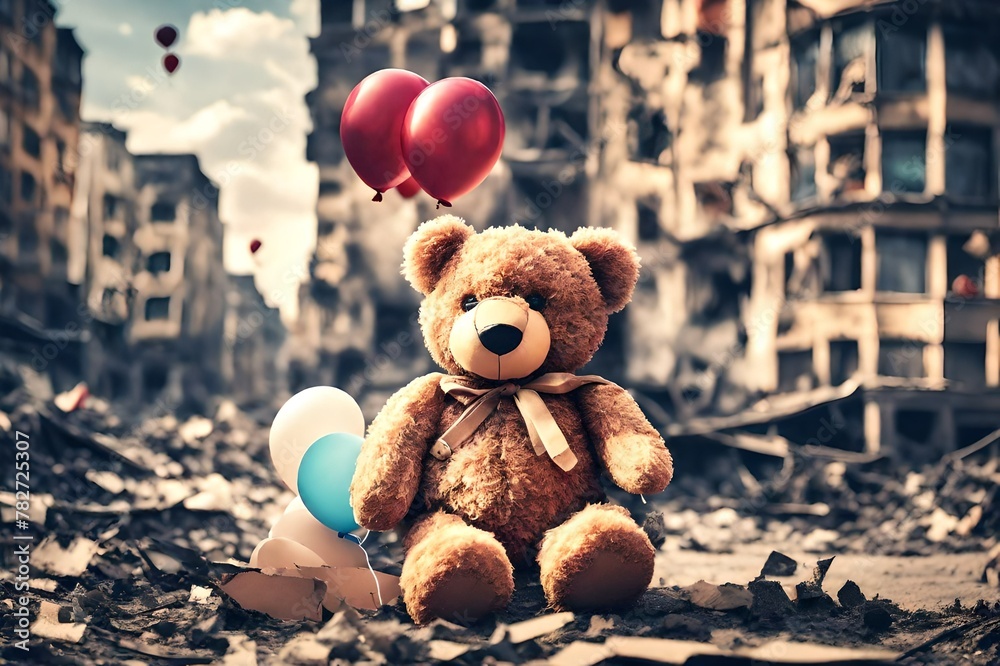 kids teddy bear toy with balloons over city burned destruction of an ...