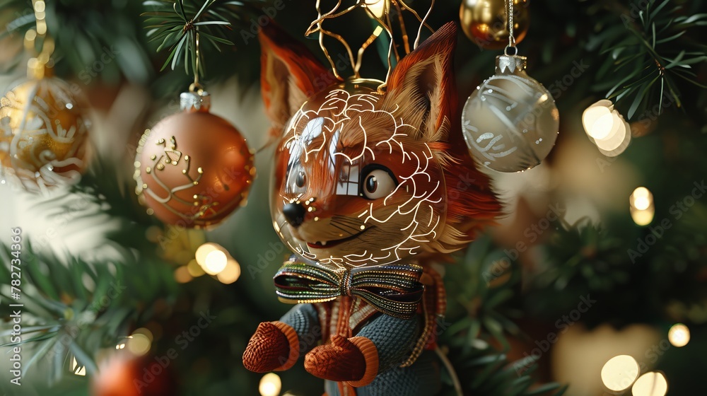 big head of a happy fox as a christmas tree toy with a translucent ...