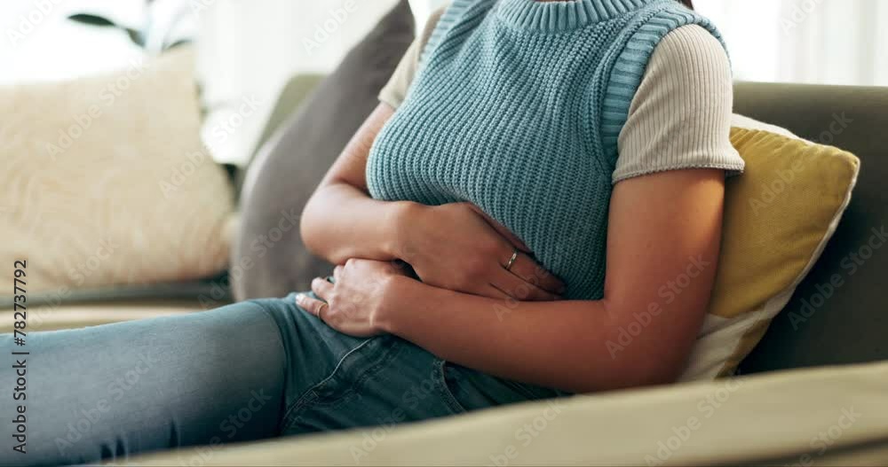 Woman, stomach and cramps pain in home for menstruation period ...