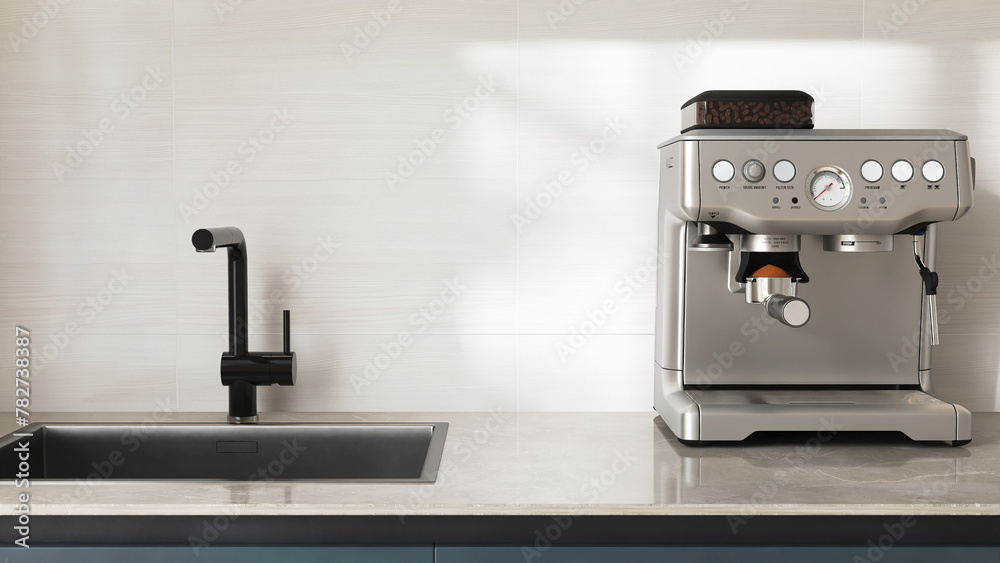 Silver espresso coffee maker with grinder on gray marble kitchen ...