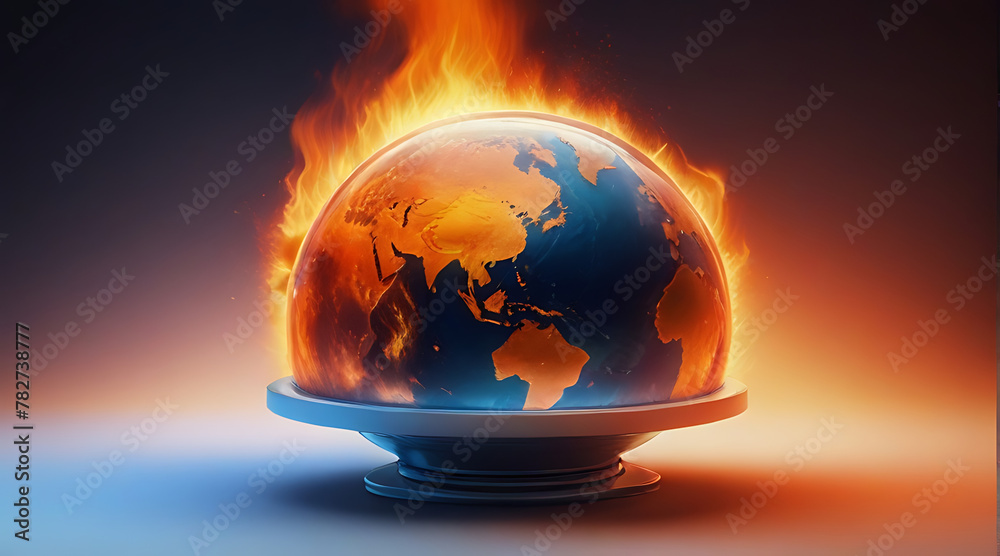 Planet Earth globe is burning in a microwave oven, conceptual ...