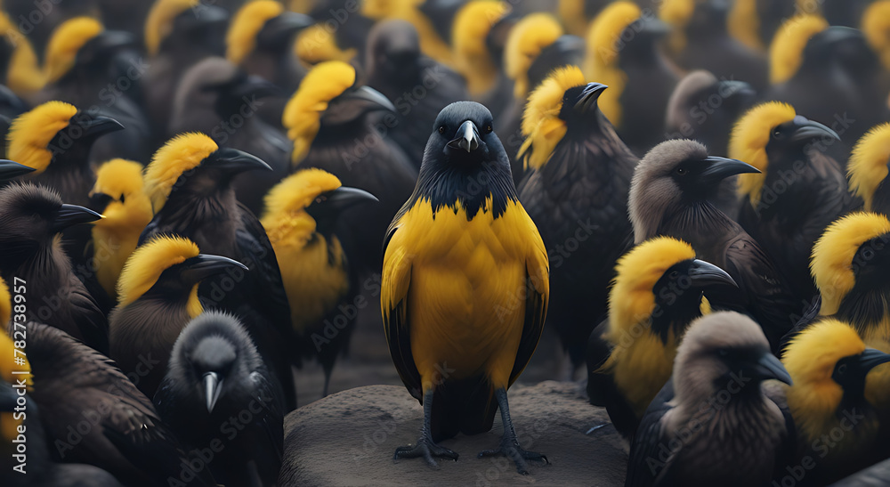 A single yellow crow alone among a crowd of black crows, concept of ...