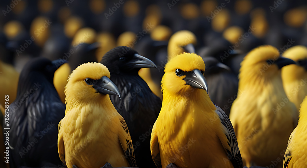 A single yellow crow alone among a crowd of black crows, concept of ...