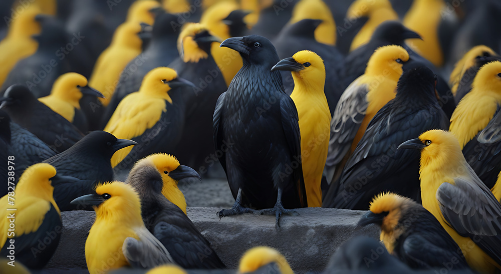 A single yellow crow alone among a crowd of black crows, concept of ...