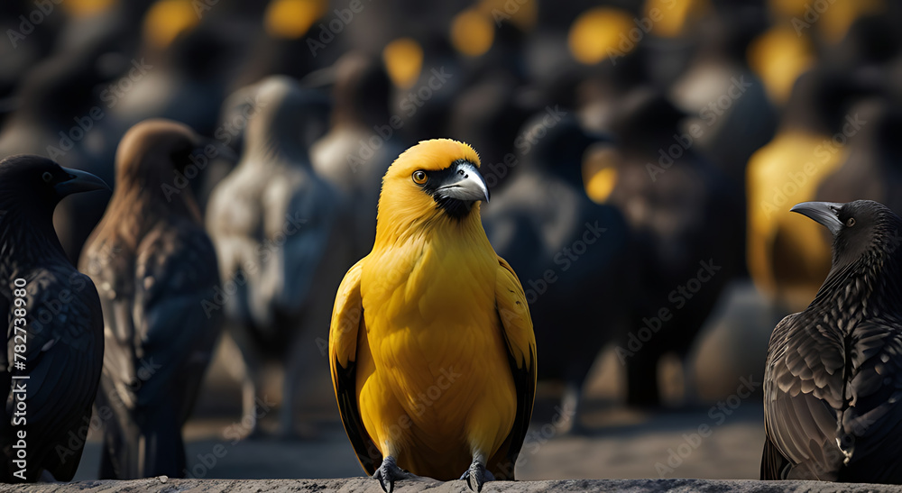 A single yellow crow alone among a crowd of black crows, concept of ...
