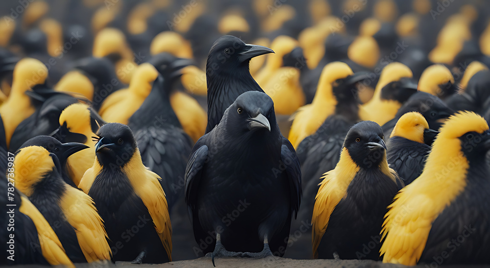 A single yellow crow alone among a crowd of black crows, concept of ...