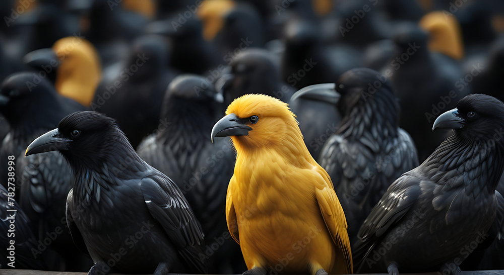 A single yellow crow alone among a crowd of black crows, concept of ...