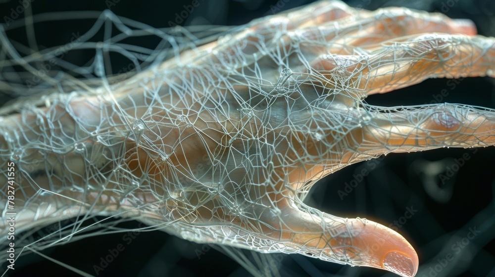 The intricate webbing of s and tendons visible along the back of a hand ...