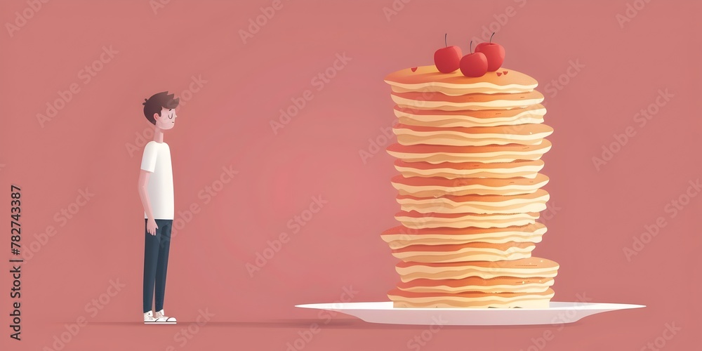Skinny character at a towering mountain of delicious pancakes a feast ...