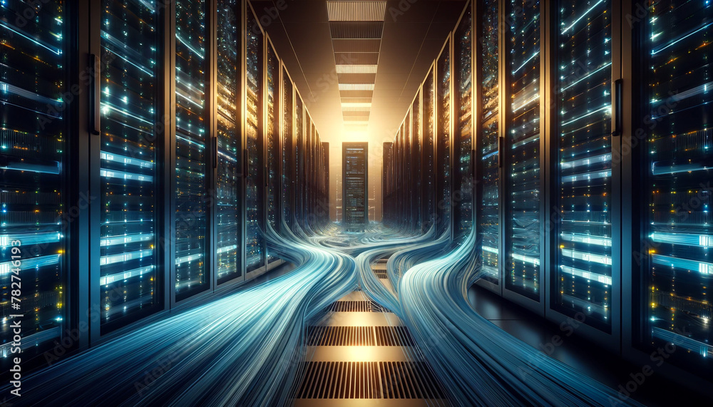 A computer server room with a long, curving line of servers. The ...