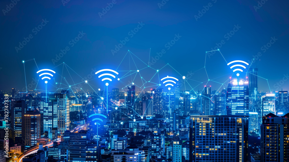 A city skyline with a lot of buildings and a lot of Wi-Fi signals. The ...