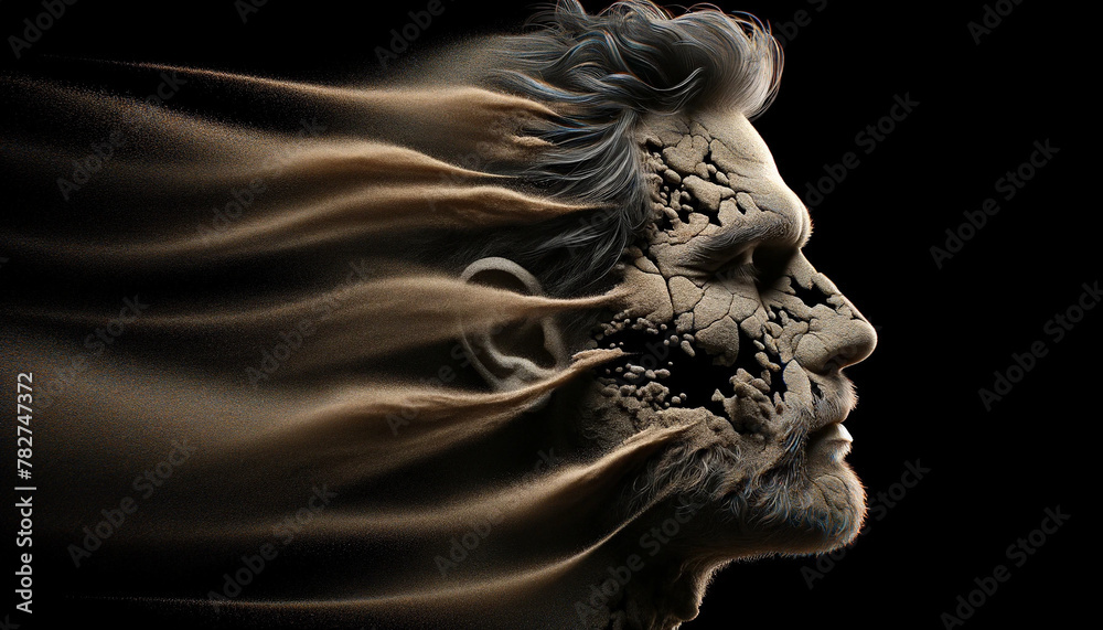 A man's face is blown apart by a gust of wind, leaving only his eyes ...