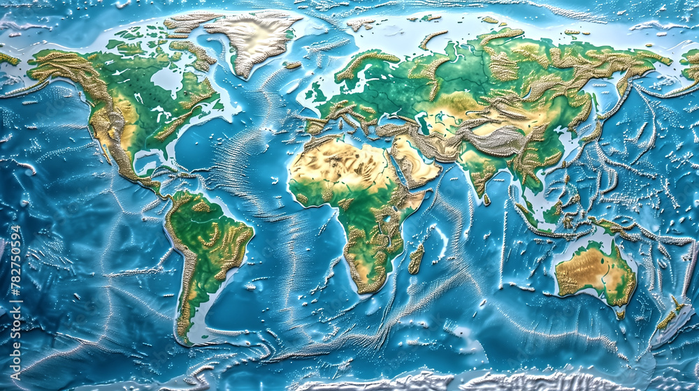 Physical map of the World, with high resolution details and land Stock ...