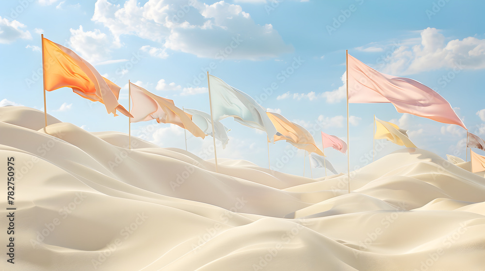 A field of flags is blowing in the wind. The flags are of different ...
