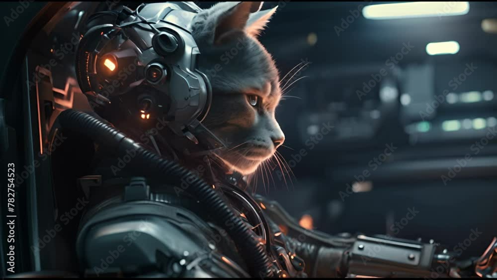 Anthropomorphic fantasy cat in cyborg armor. Fantastic android kitten ...