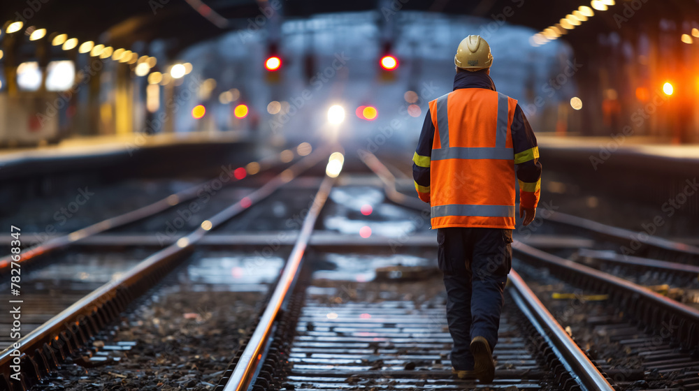 Railway worker in a reflective vest walks on tracks with bright train ...