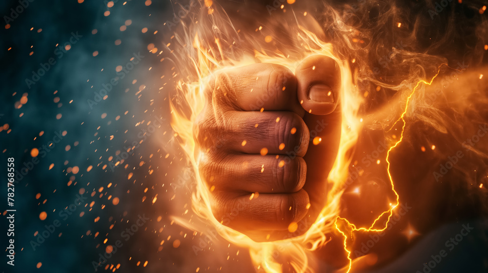 Powerful clenched fist is illuminated and encircled by a dynamic ...
