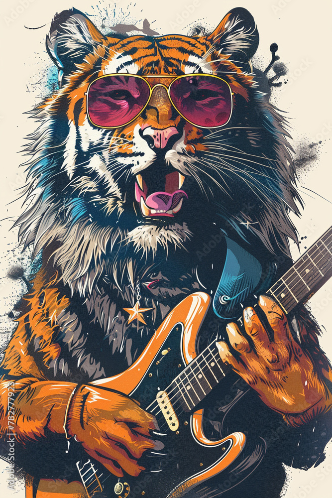 Musical Tiger, An illustrated tiger playing an electric guitar with a ...