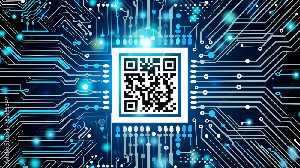 Futuristic QR Code Circuit, Digital QR code embedded in a futuristic blue circuit board design ...