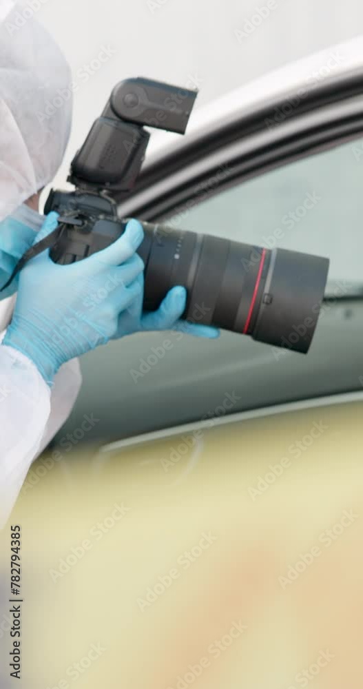 Crime scene, photographer and person with investigation, forensic ...
