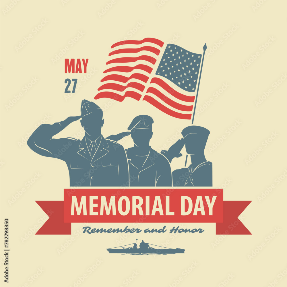 Memorial day poster design template. US Army soldiers saluting on ...