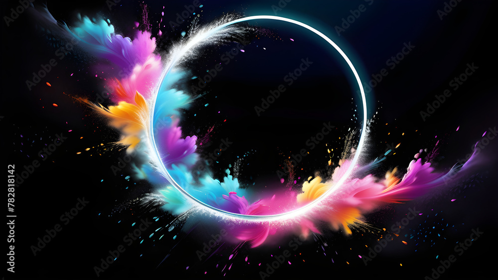 Dynamic bursts of rainbow paint explode on black canvas, radiating ...