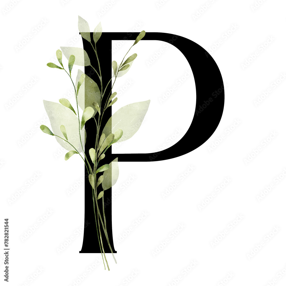 Letter P, floral monogram with watercolor leaf. Letterhead, initial ...