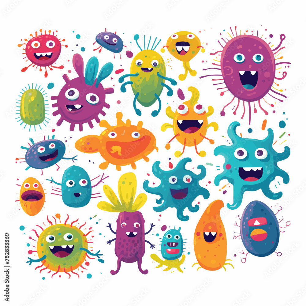 Bacteria, microbes, cute germs and viruses cartoon vector characters ...