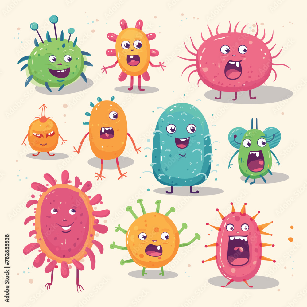 Bacteria, microbes, cute germs and viruses cartoon vector characters ...