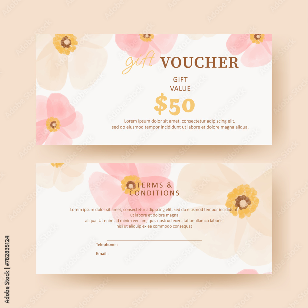 Gift voucher. Coupon template with watercolor pink flower decoration ...