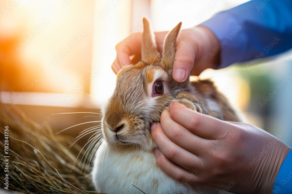Photography of a rabbit having its ears checked by a veterinarian, with ...