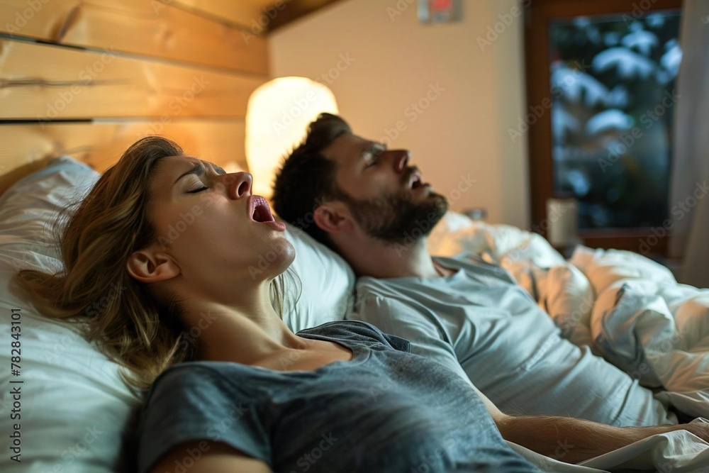 Sleepless couple struggles with man's snoring apnea while sleeping ...
