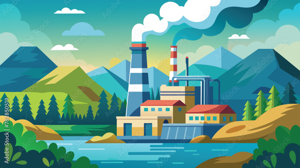 Industrial factory with smokestacks near river, Pollution and ...