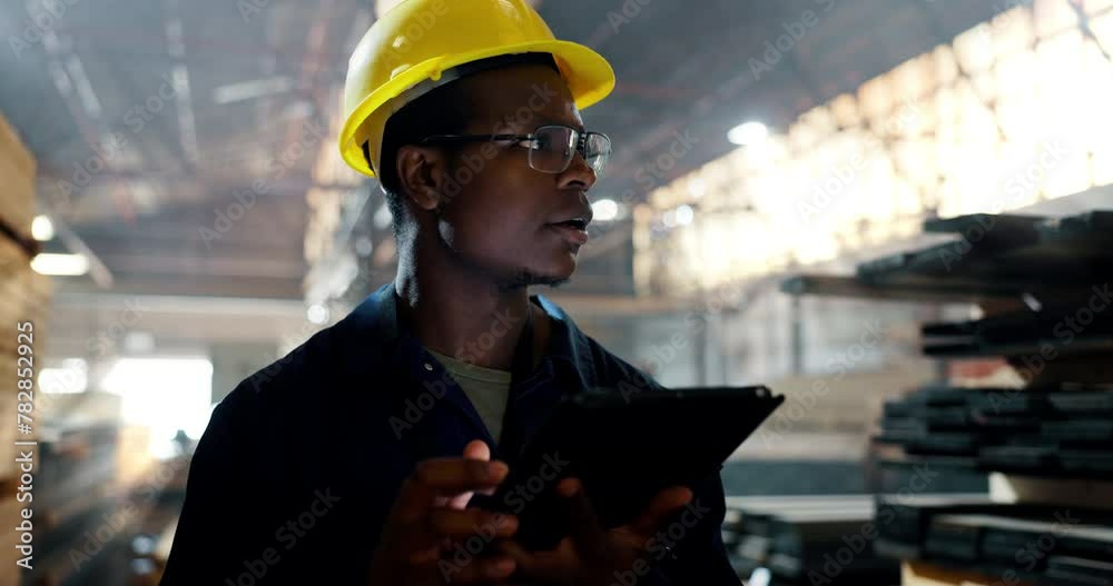 Black man, tablet and checklist at warehouse or factory to count stock ...