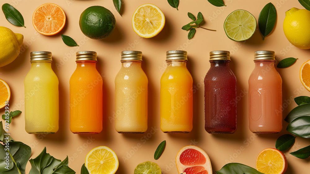 Chilled tropical juice bottles surrounded by citrus fruits, set against ...